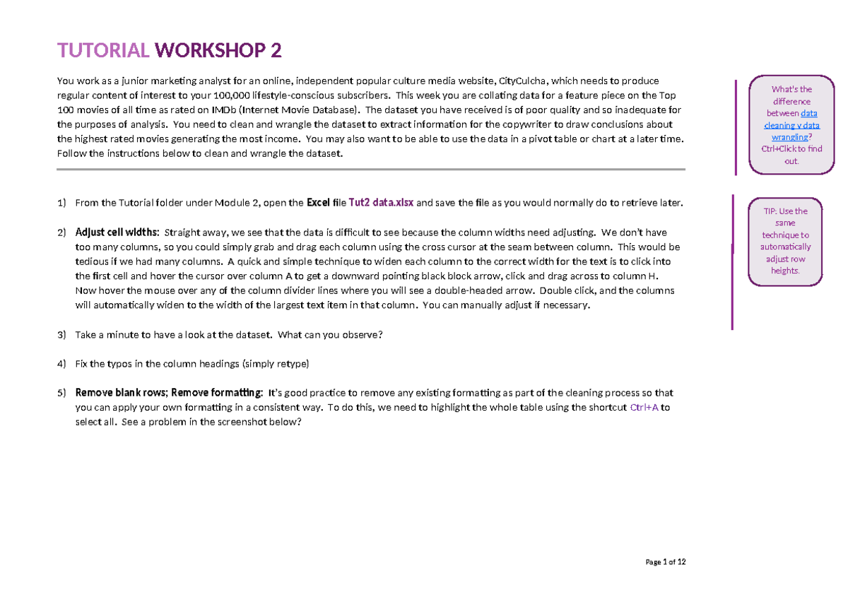 Tutorial Workshop 2(2) - TUTORIAL WORKSHOP 2 You work as a junior marketing analyst for an ...
