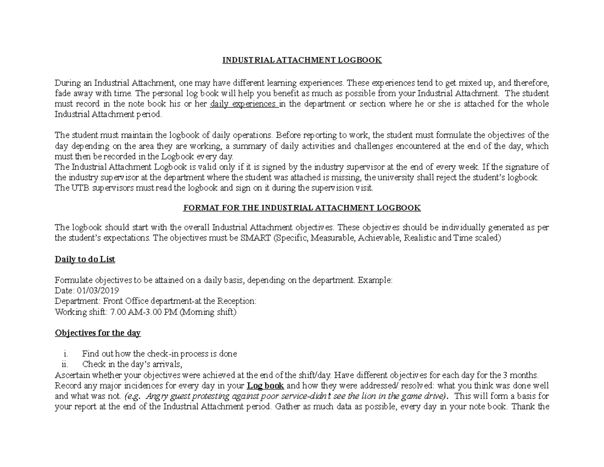 Industrial Attachment Logbook - INDUSTRIAL ATTACHMENT LOGBOOK During an ...