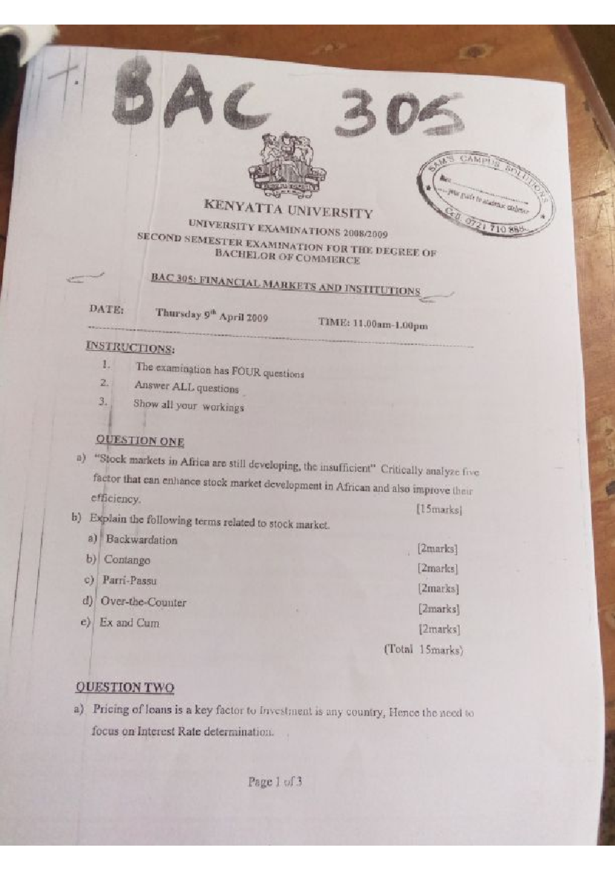 BAC 305 PAST Papers - Financial markets and institutions - Studocu