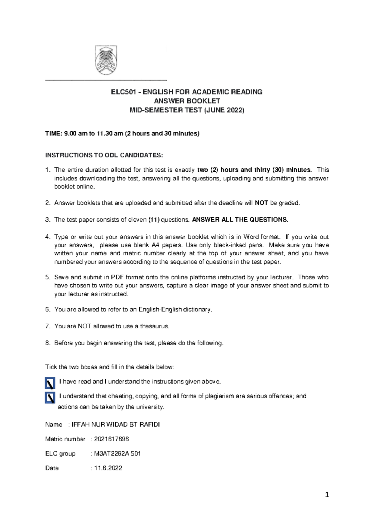 ELC501 - ENGLISH FOR ACADEMIC READING ANSWER BOOKLET MID-SEMESTER TEST ...
