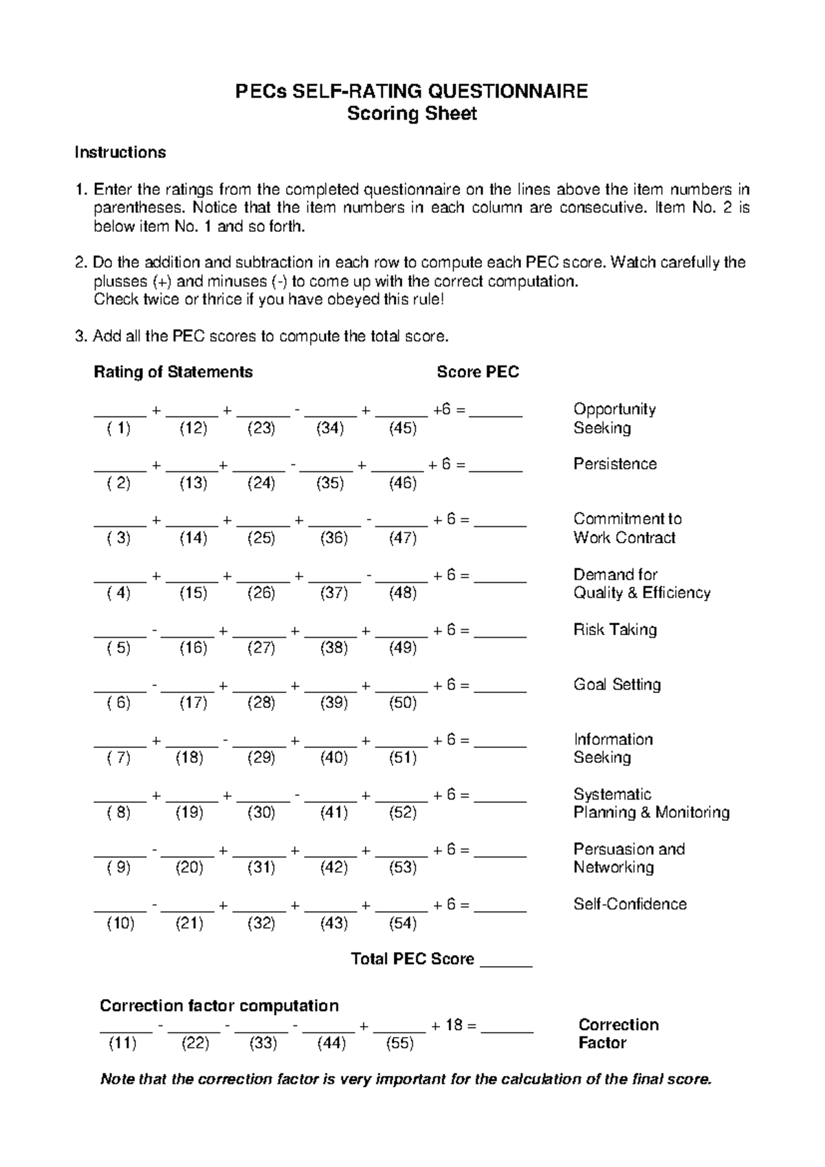 Download PECs Self Rating Questionnaire Scoring Sheet 1 - PECs SELF ...