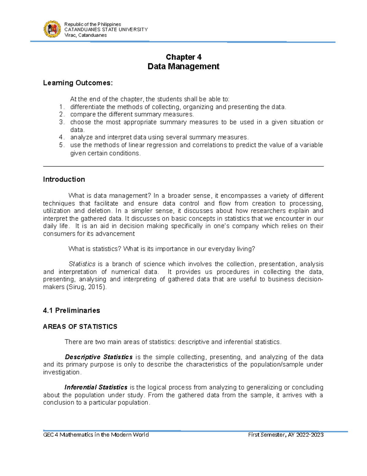 GEC 4 Chapter 4 Data Management - CATANDUANES STATE UNIVERSITY Virac ...