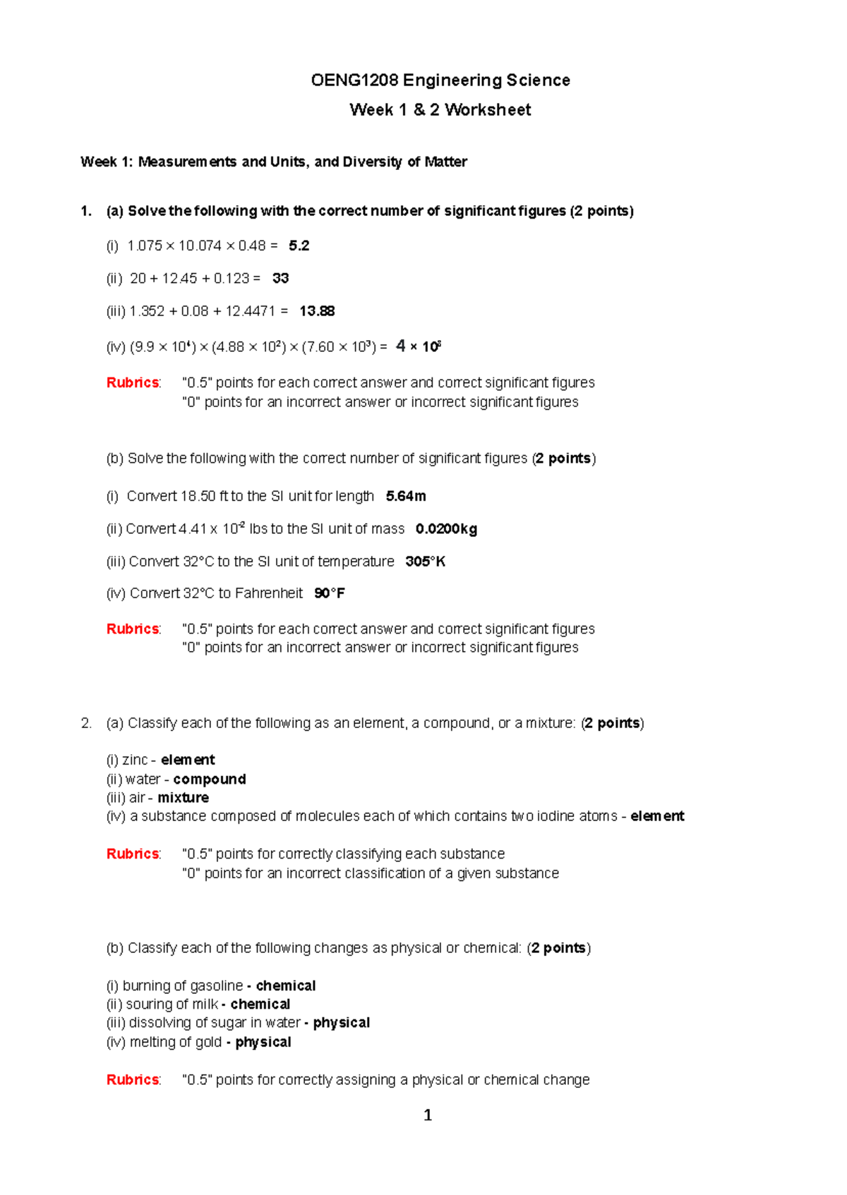 Week 1 and 2 - worksheet week 1 and 2 - OENG1208 Engineering Science ...
