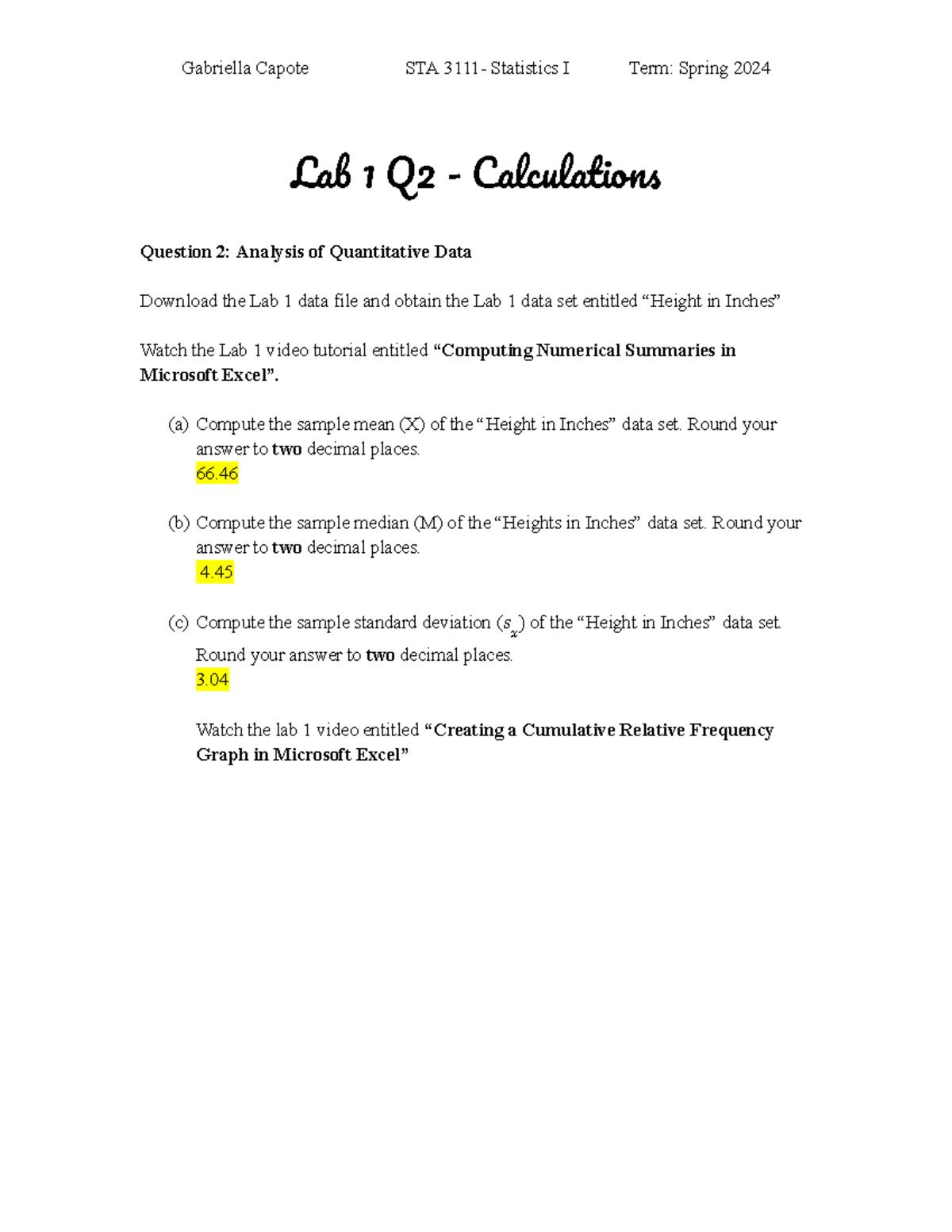 Lab 1 Q2 - Calculations - Class Homework - La 1 Q2 - Calculation ...