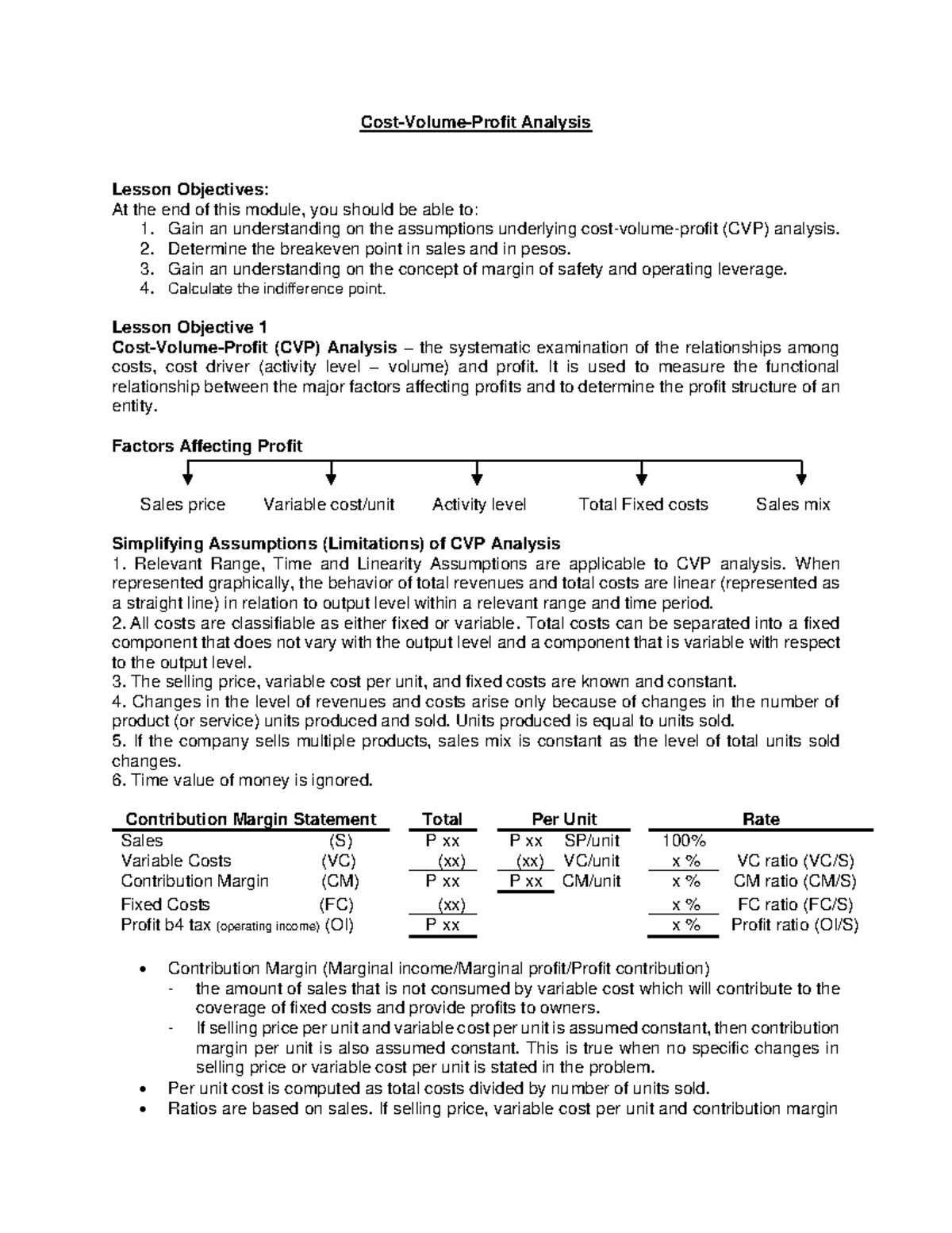 SCM Discussion 3 - cost notes and few exercises - Cost-Volume-Profit ...