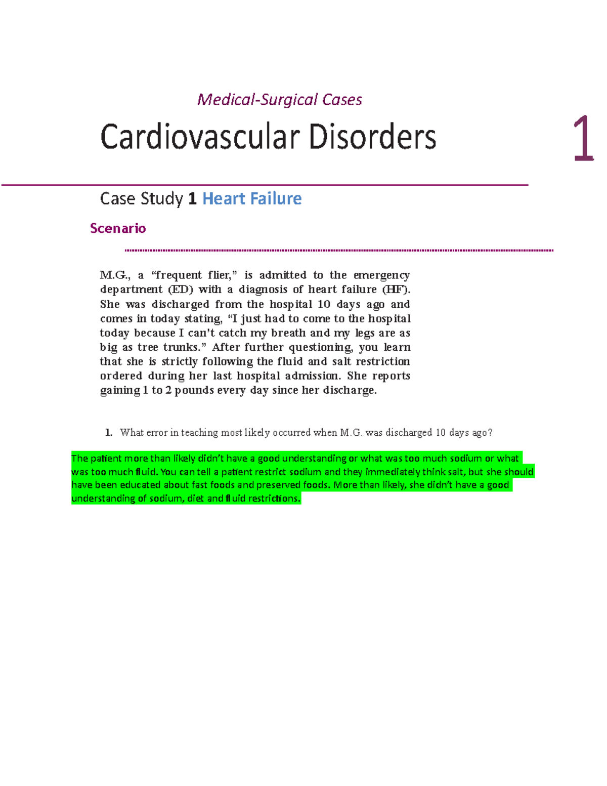 Heart Failure Student WK 3 - Scenario PART ONE Medical-Surgical Cases ...