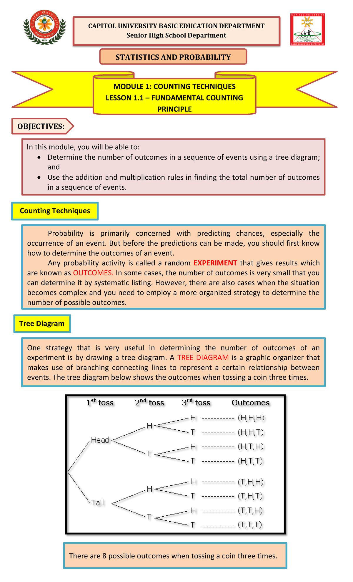 Fundamental Counting Principle - CAPITOL UNIVERSITY BASIC EDUCATION ...