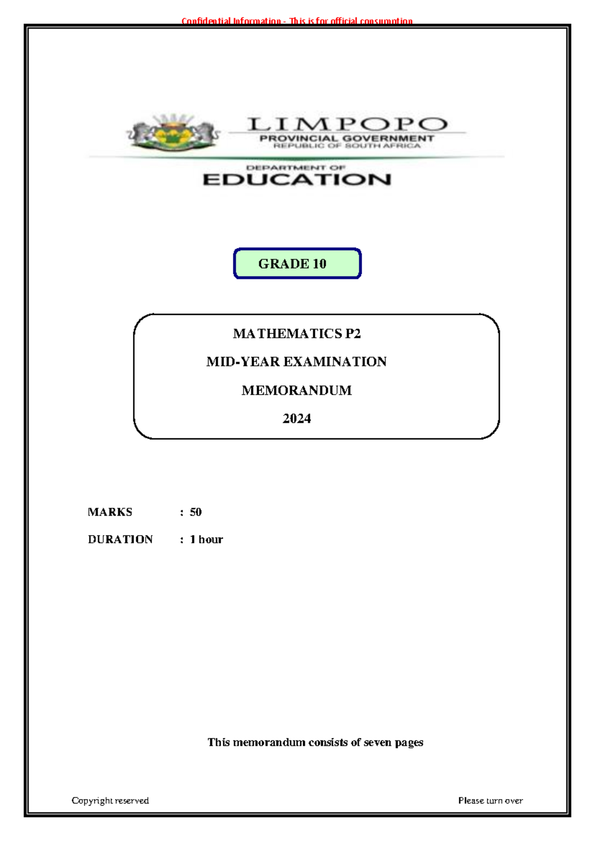 MATH P2 GRD 10 ENG MG 2024 JUNE - Mathematics P2 Memorandum 1 LDoE/June ...
