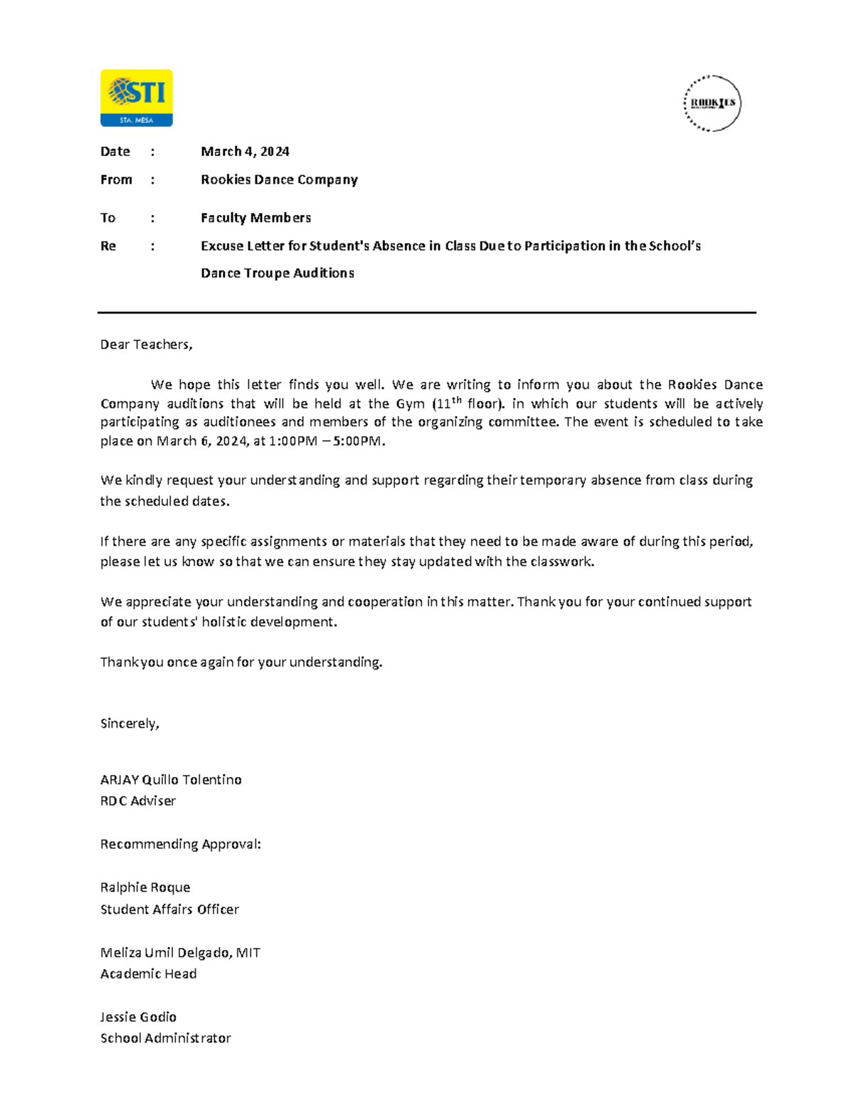 Excuse-Letter Auditions-2024 - Date : March 4, 2024 From : Rookies ...