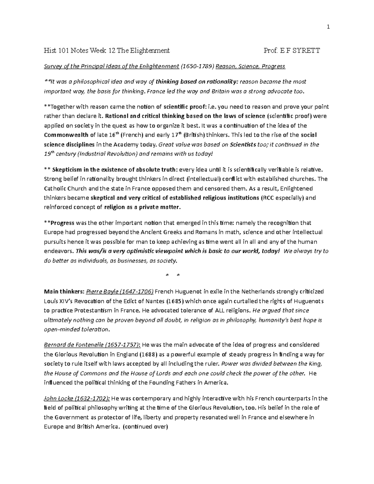 Week 12 Short Notes On The Elightenment 1 Hist 101 Notes Week 12 The