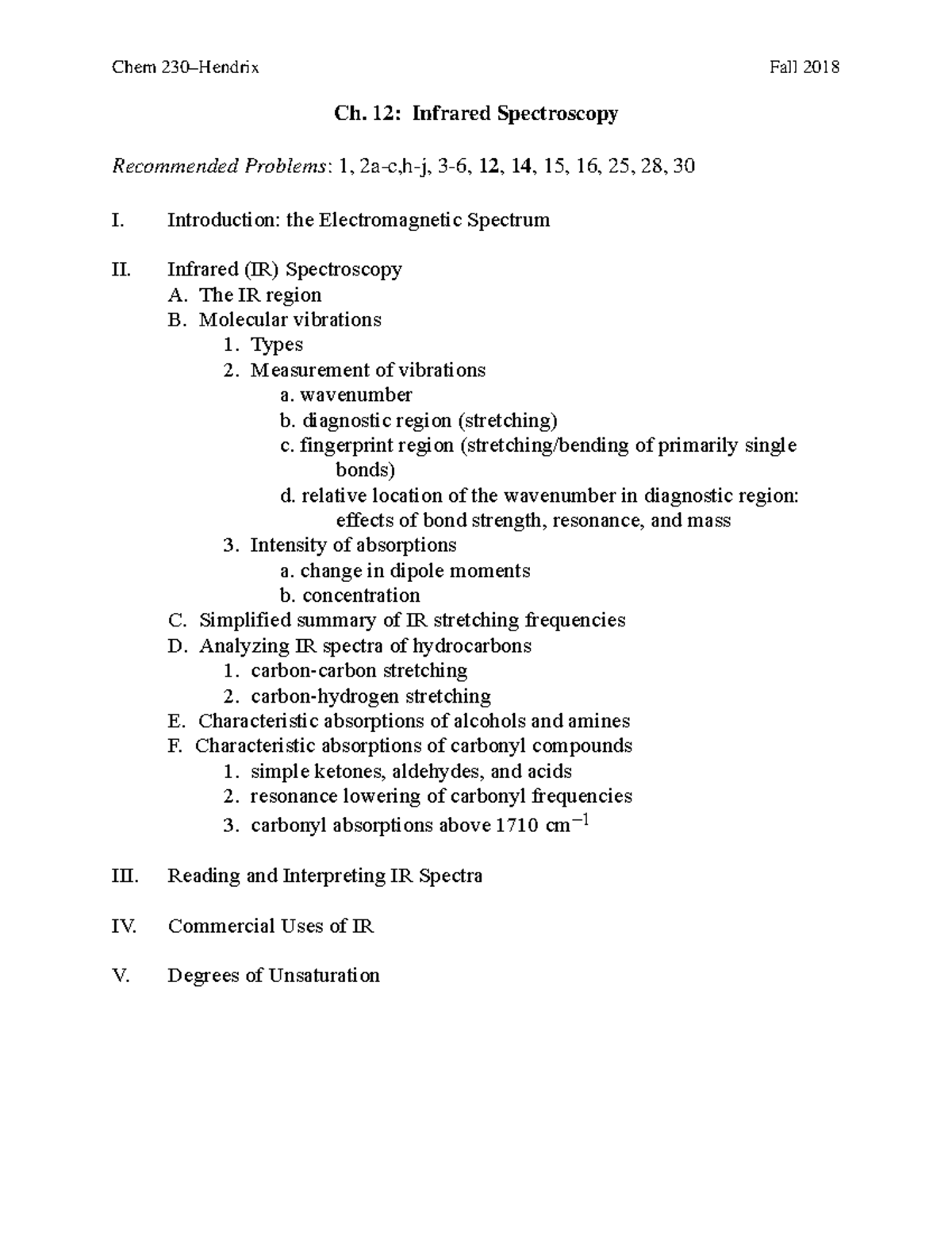 Ch12-Outline&Problems - Chem Fall 2018 Ch. 12: Infrared Spectroscopy ...