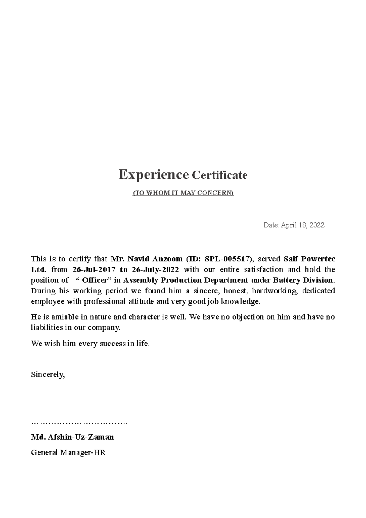 TO WHOM IT MAY Concern-1 - Experience Certificate (TO WHOM IT MAY ...