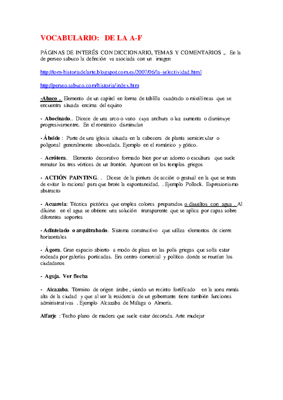 Vocabularioa-f - vocabulario historia del arte - VOCABULARIO: DE LA A-F ...