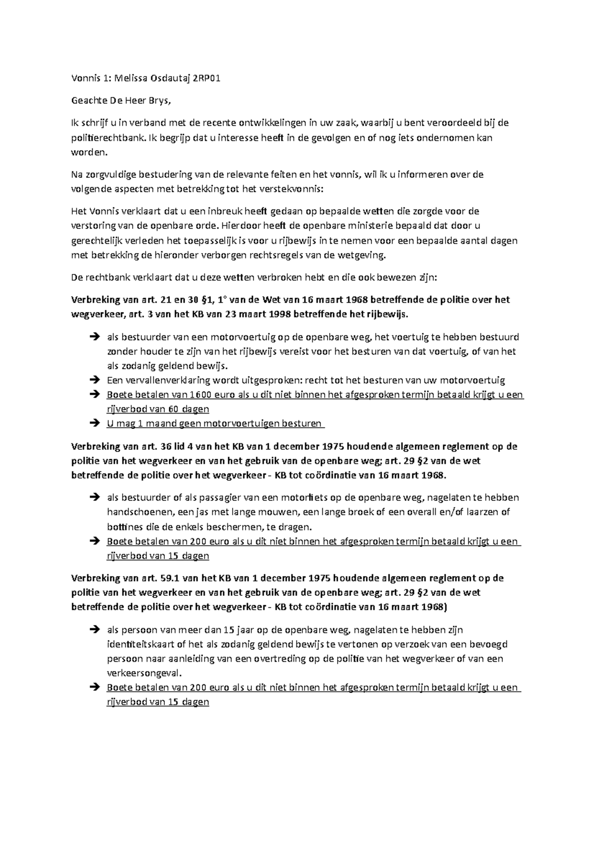 Juridische advies-1 - advies vonnis in verstek - Vonnis 1: Melissa ...