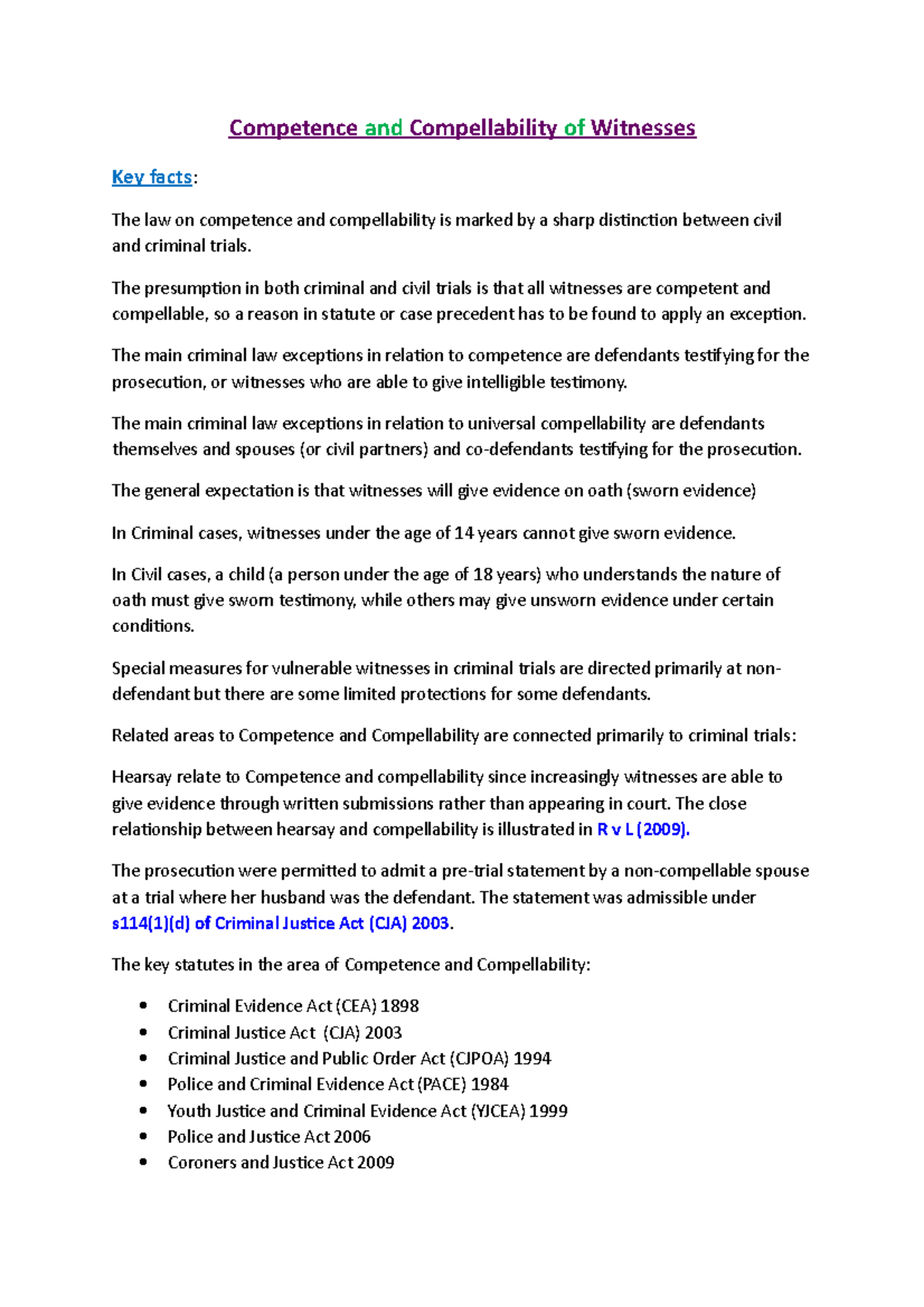 Competence and Compellability of Witnesses 1 - The presumption in both ...