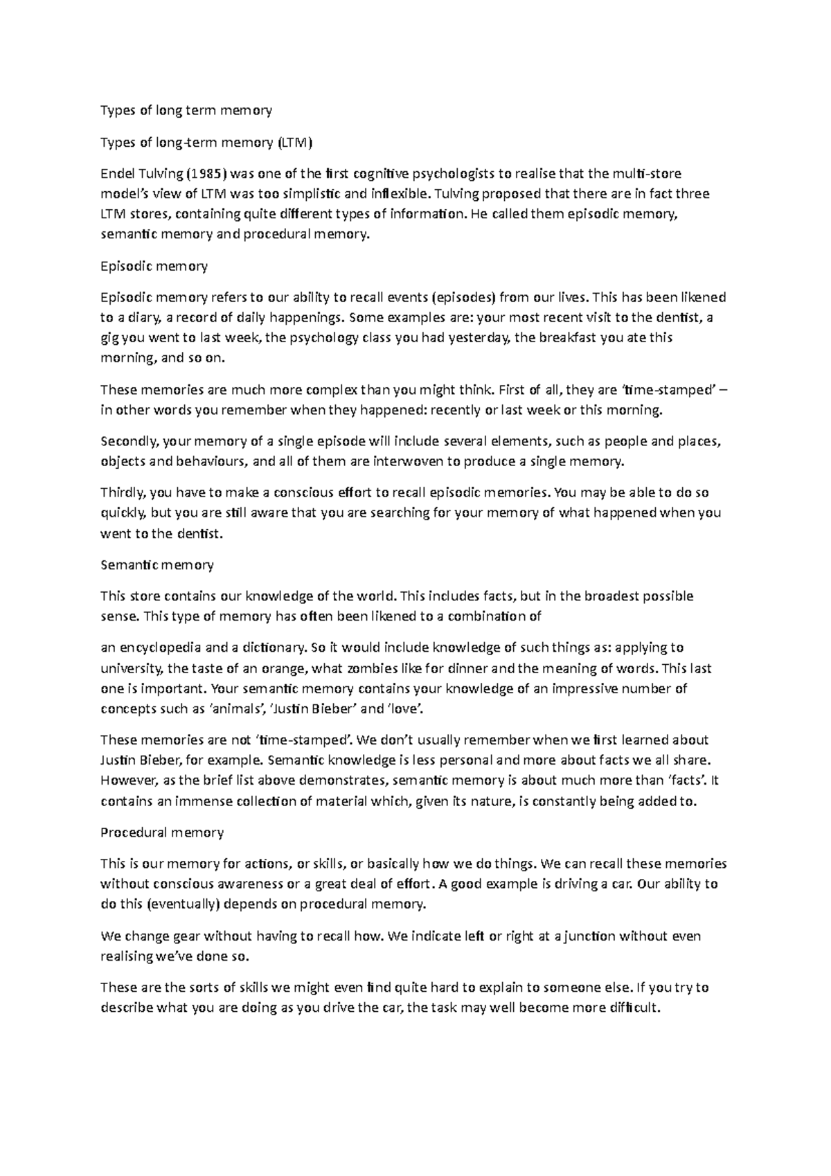 Types of long term memory - Types of long term memory Types of long ...