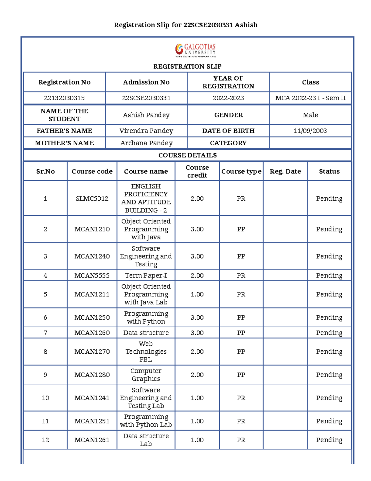 Output - Registration Slip for 22SCSE2030331 Ashish REGISTRATION SLIP ...