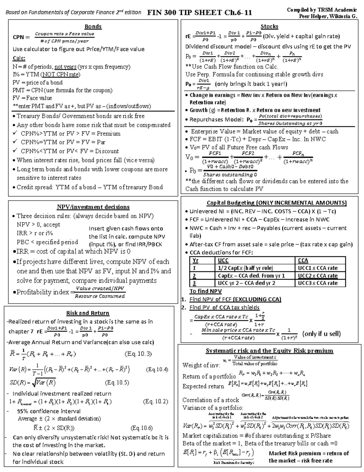 FIN 300 tip sheet - Stocks rE = 𝐷𝑖𝑣1+𝑃 𝑃0 -1 = 𝐷𝑖𝑣 1 𝑝0 + 𝑃1−𝑃 𝑃0 (Div ...