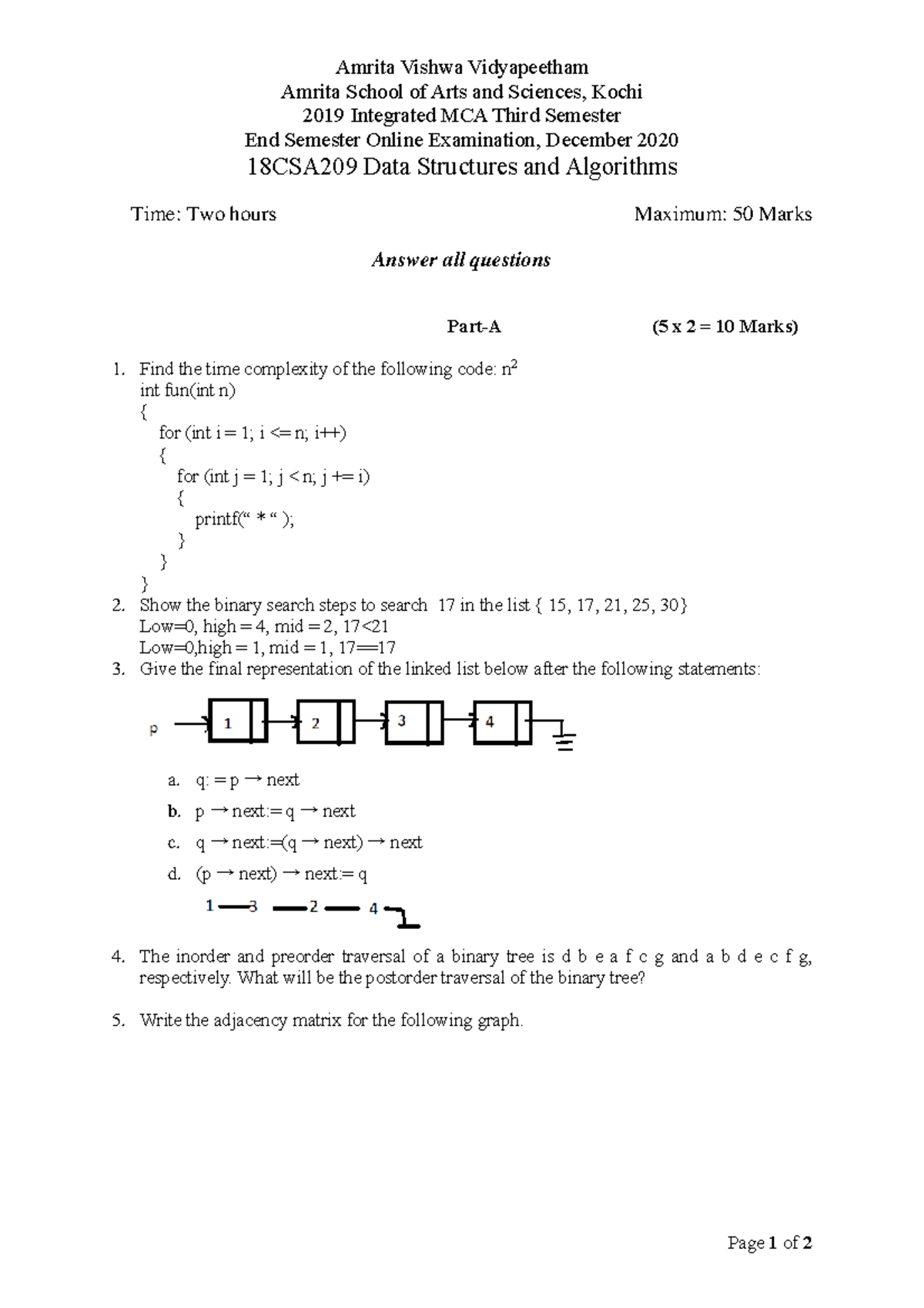 18CSA209 DS&Algorithms 1 - Amrita Vishwa Vidyapeetham Amrita School of ...