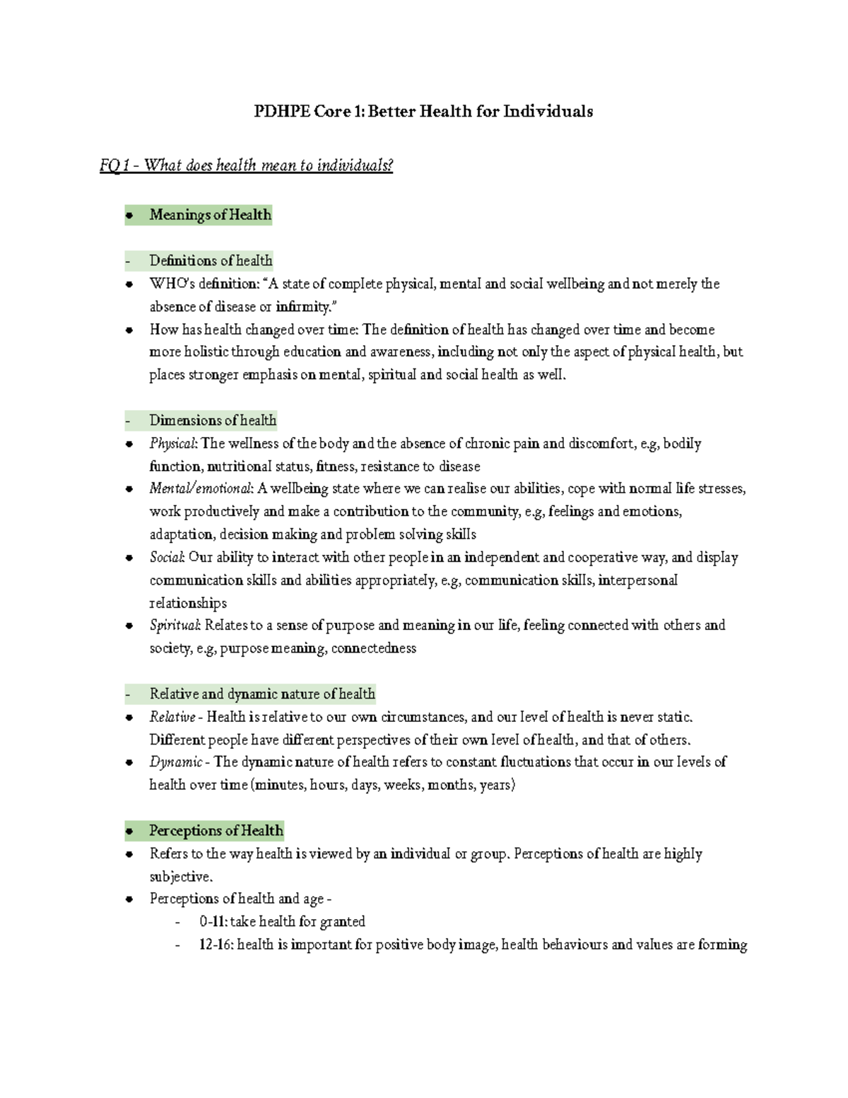 Pdhpe Yr 11 Term 1 Better Health for Individuals - PDHPE Core 1: Better ...