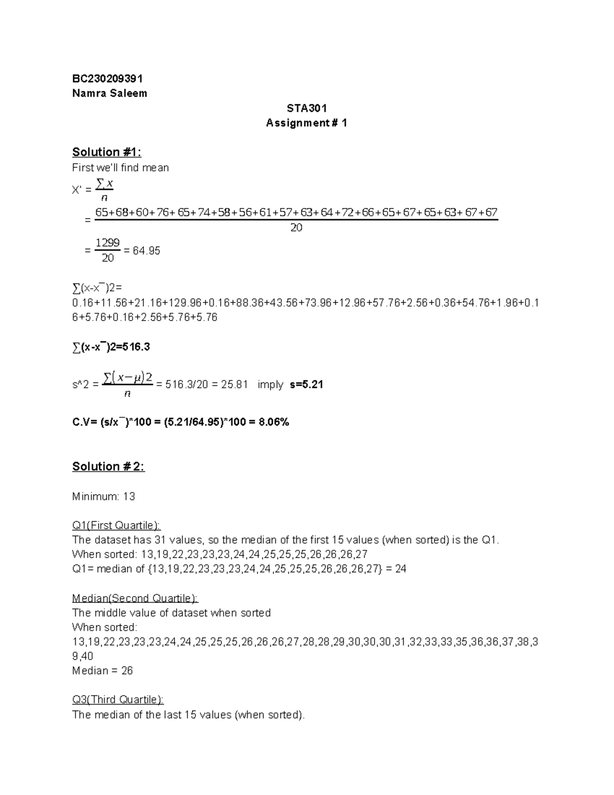 BC230209391 STA301 Assignment-1 - BC Namra Saleem STA Assignment # 1 Solution #1: First we’ll ...