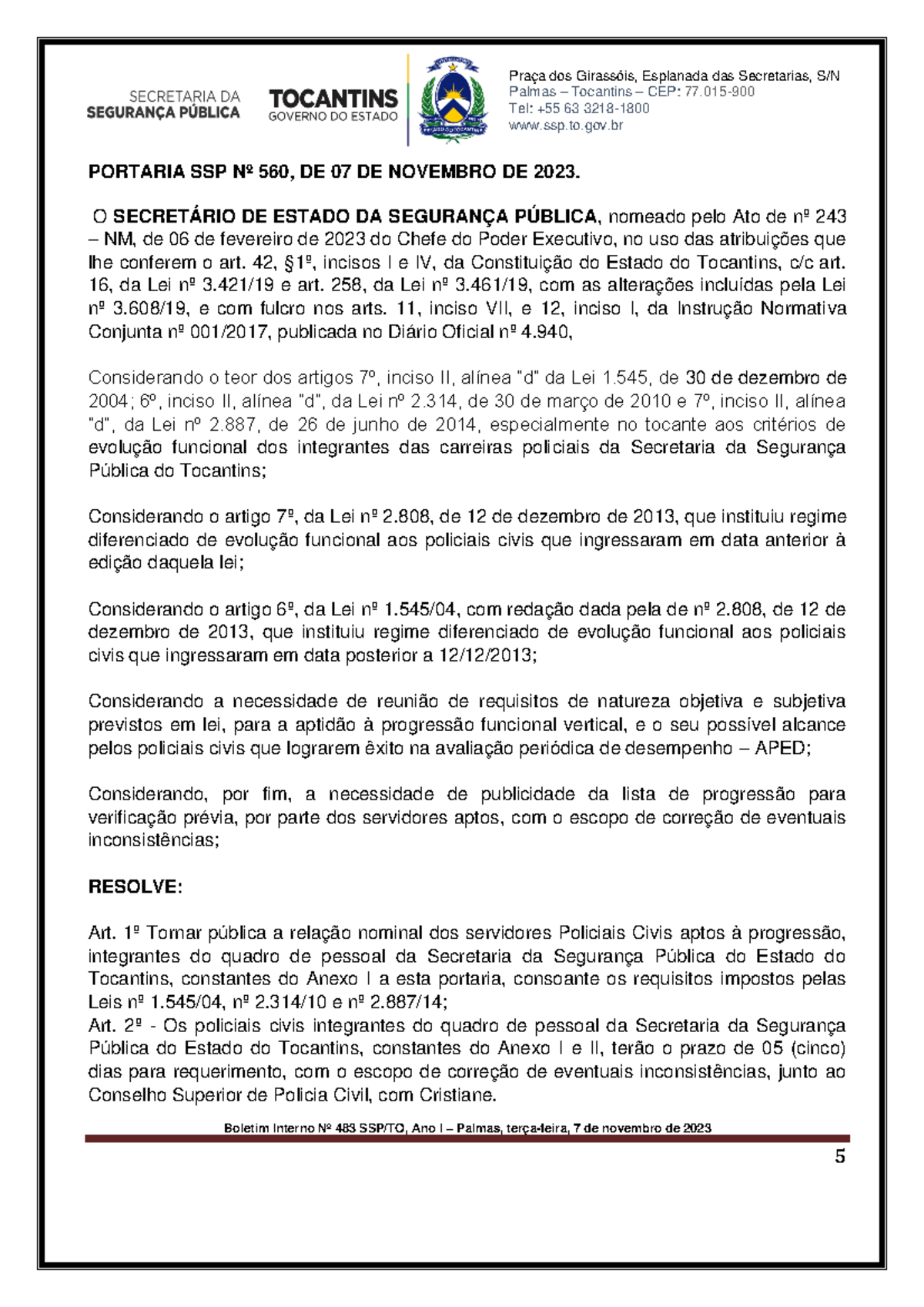 1000194077 - Contenido - Boletim Interno Nº 483 SSP/TO, Ano I – Palmas ...