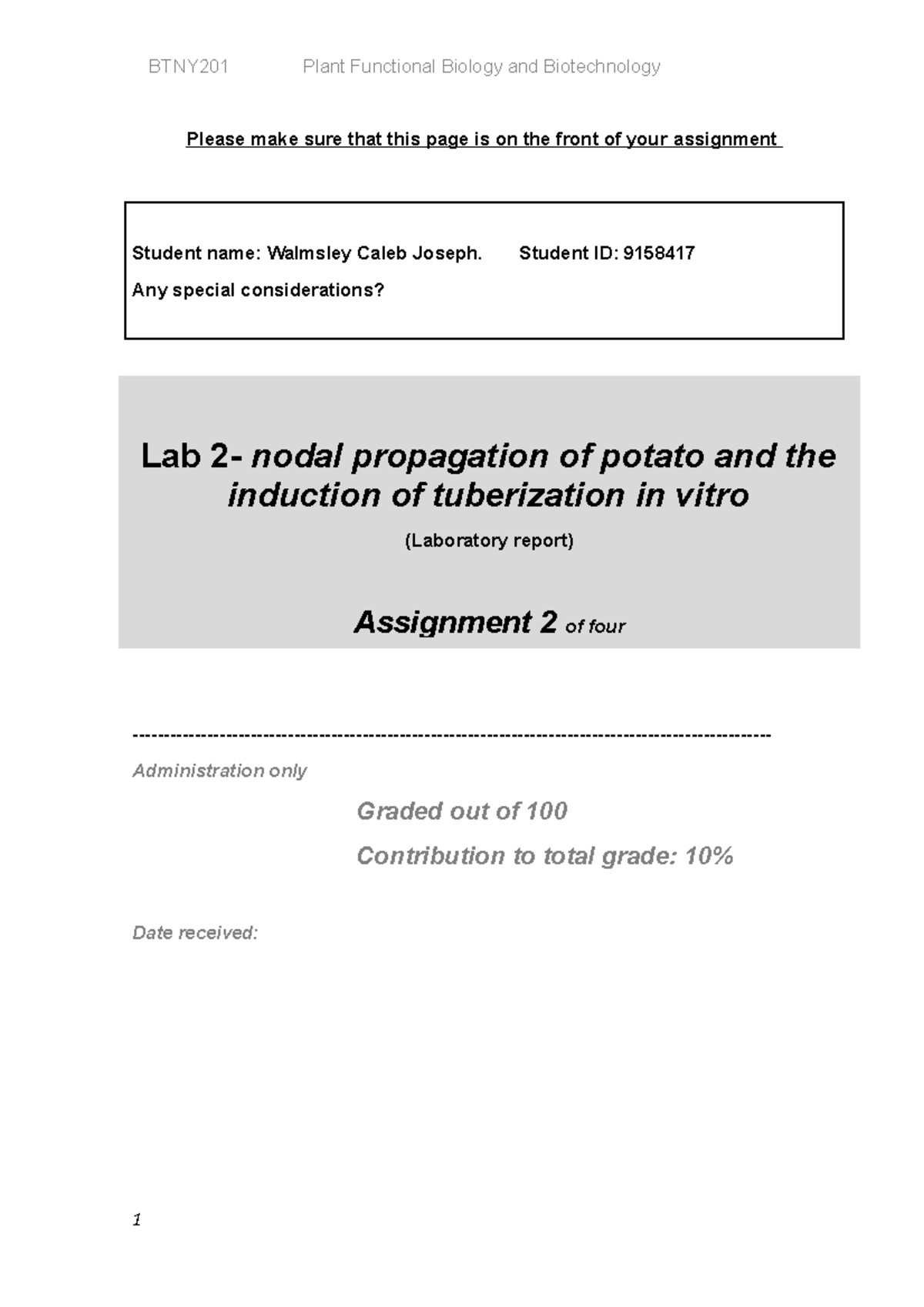 BTNY201 Lab report - potato micropropagation - Please make sure that ...