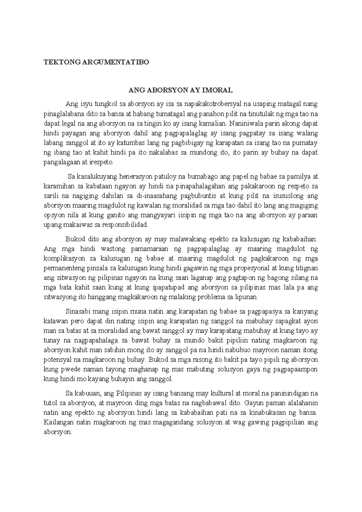 Argumentatibo - TEKTONG ARGUMENTATIBO ANG ABORSYON AY IMORAL Ang isyu ...