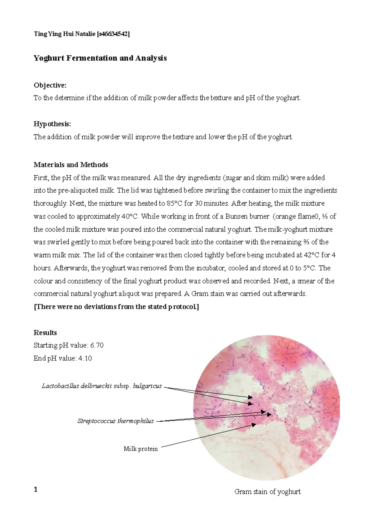 Yoghurt Fermentation and Analysis Report - Ting Ying Hui Natalie ...