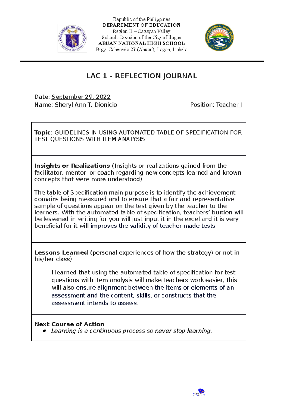 Reflection- Journal- Sample - DEPARTMENT OF EDUCATION Region II ...