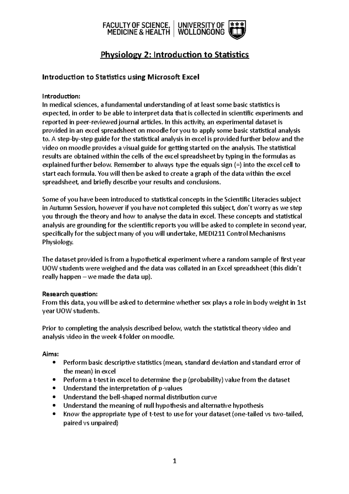 Statistics workbook word version - Physiology 2: Introduction to ...