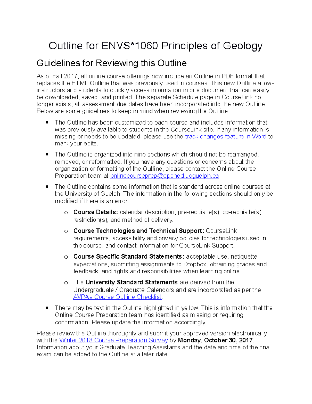 Outline Draft ENVS1060 DE W18 - Outline for ENVS*1060 Principles of ...