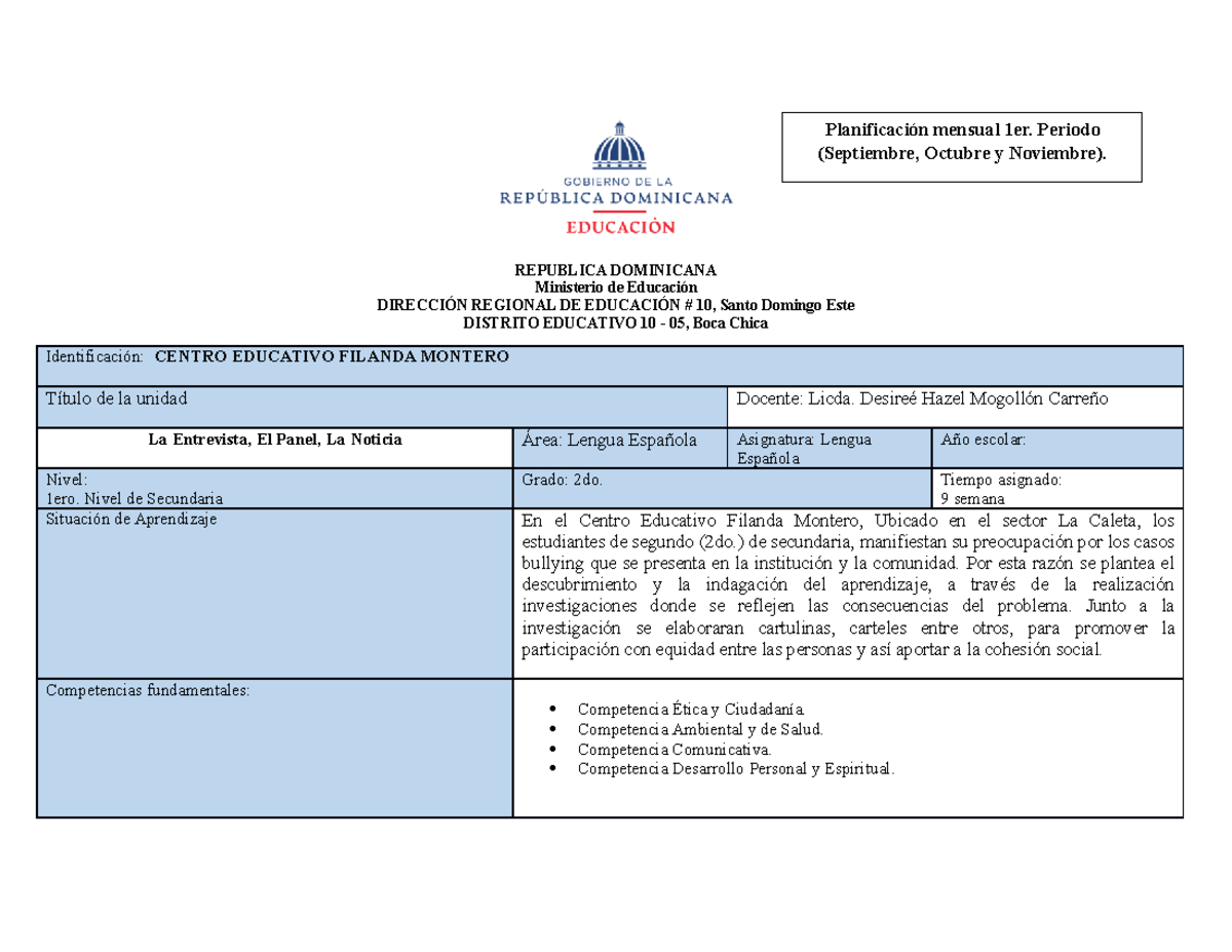 1Planificación Lengua Española 2do. de secundaria Primer Periodo ...