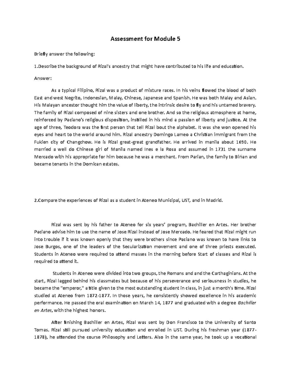 Final Answer for Module 5 - Assessment for Module 5 Briefly answer the following: 1 the ...