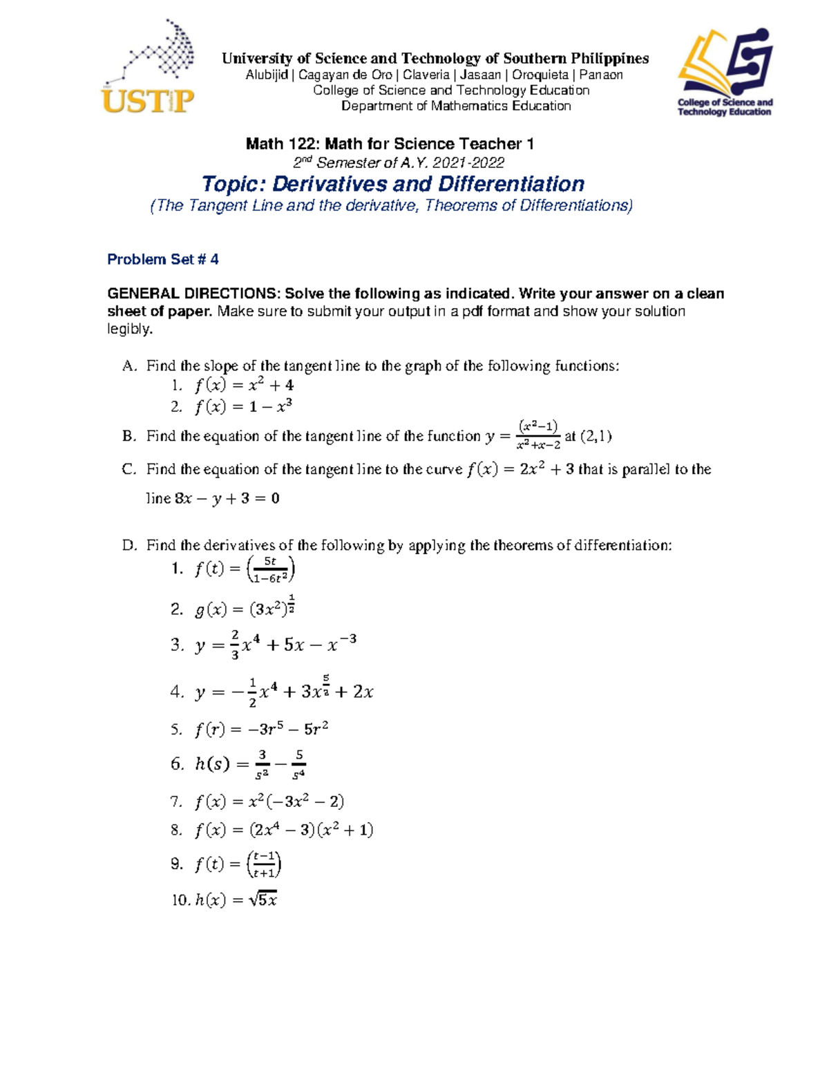 Problem Set #4 (Derivative of Tangent line and Theorem of ...