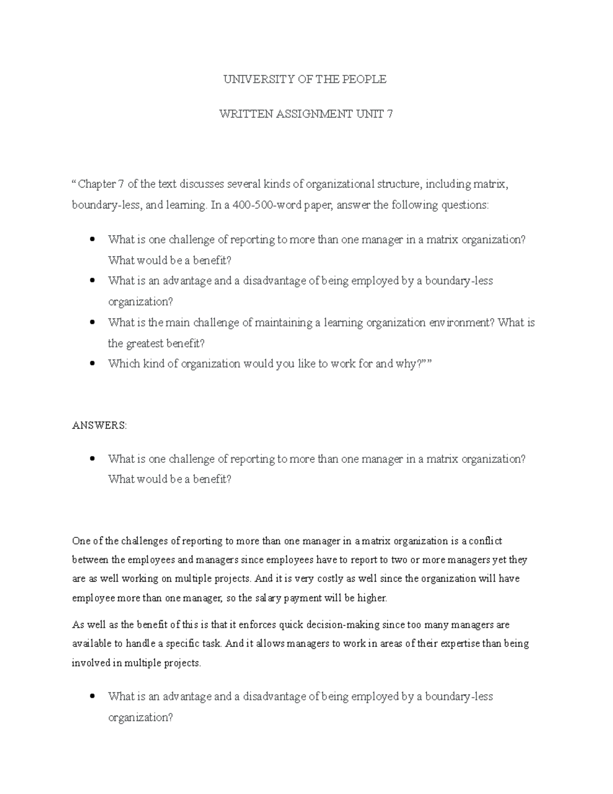 University written assigment unit 7 - UNIVERSITY OF THE PEOPLE WRITTEN ASSIGNMENT UNIT 7 ...