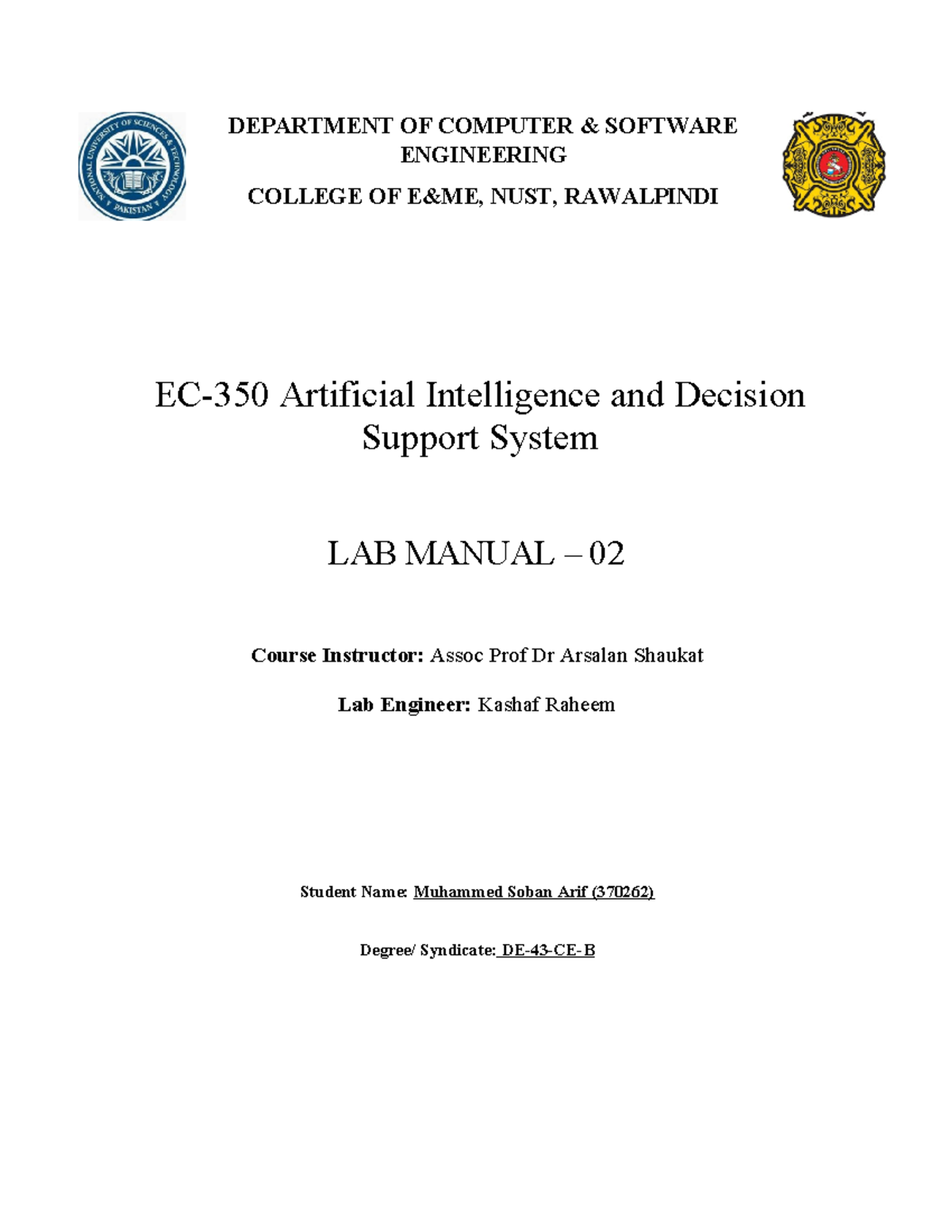 AI Lab02 - solved - DEPARTMENT OF COMPUTER & SOFTWARE ENGINEERING COLLEGE OF E&ME, NUST, - Studocu