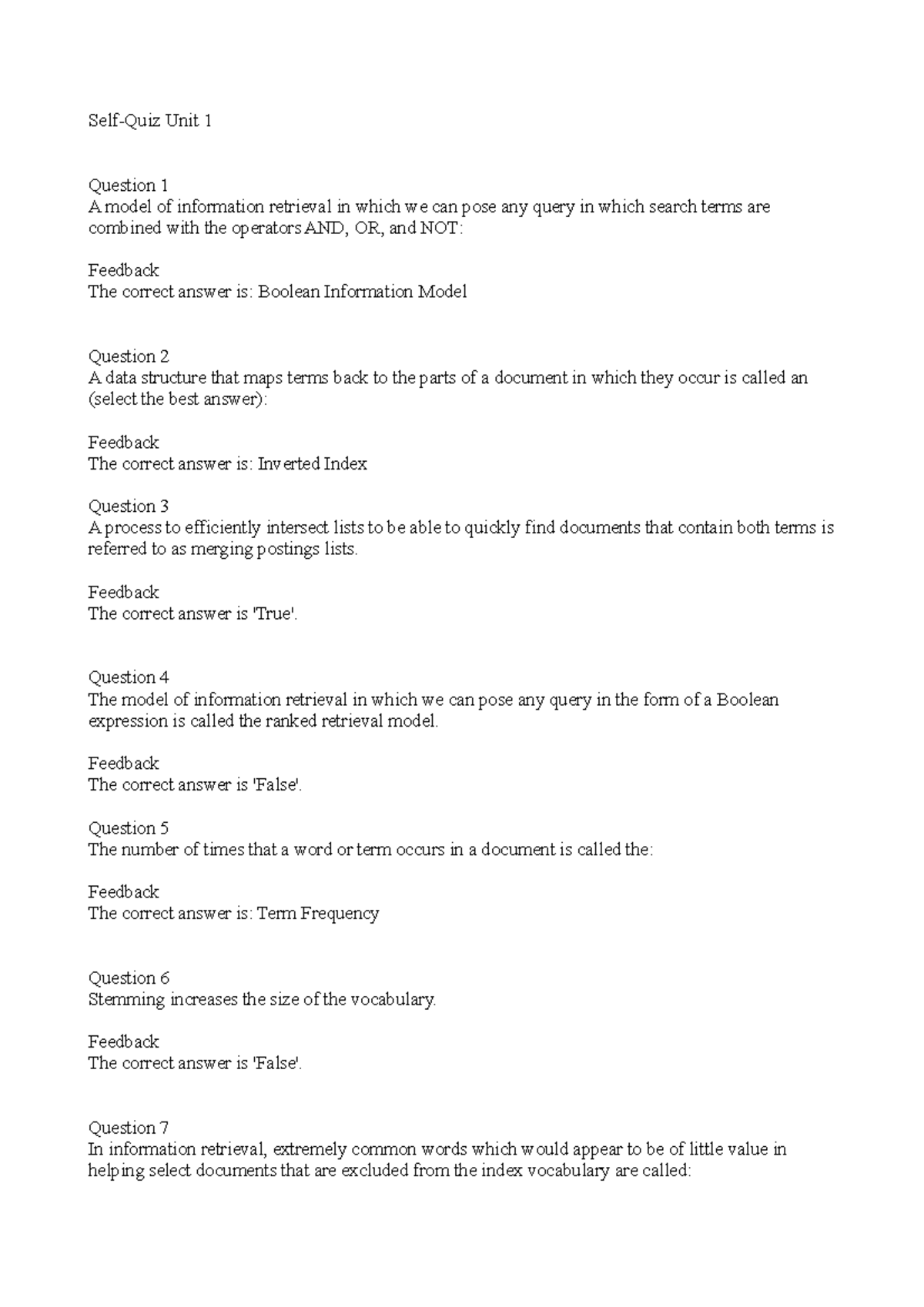 CS 3308 Unit 1 Self-quiz - Self-Quiz Unit 1 Question 1 A model of ...