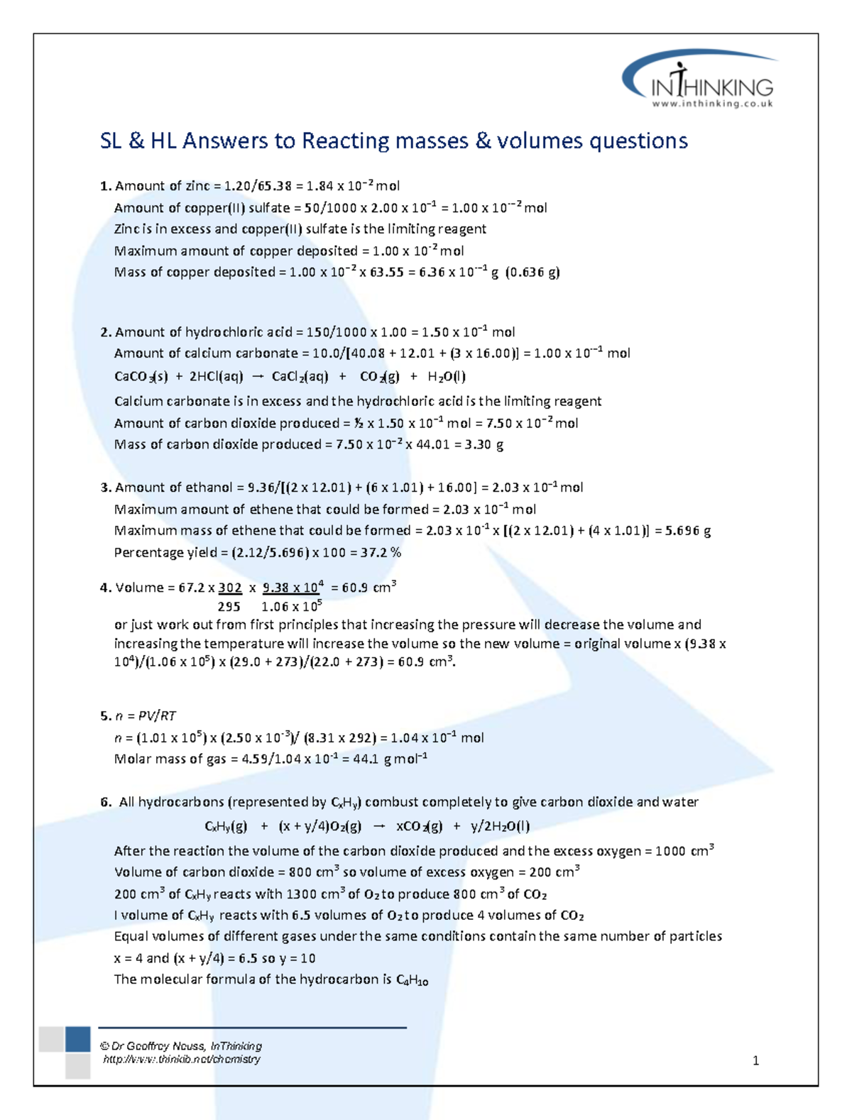 Reactingmassesandvolumes answers in Thinking - 1 © Dr Geoffrey Neuss ...