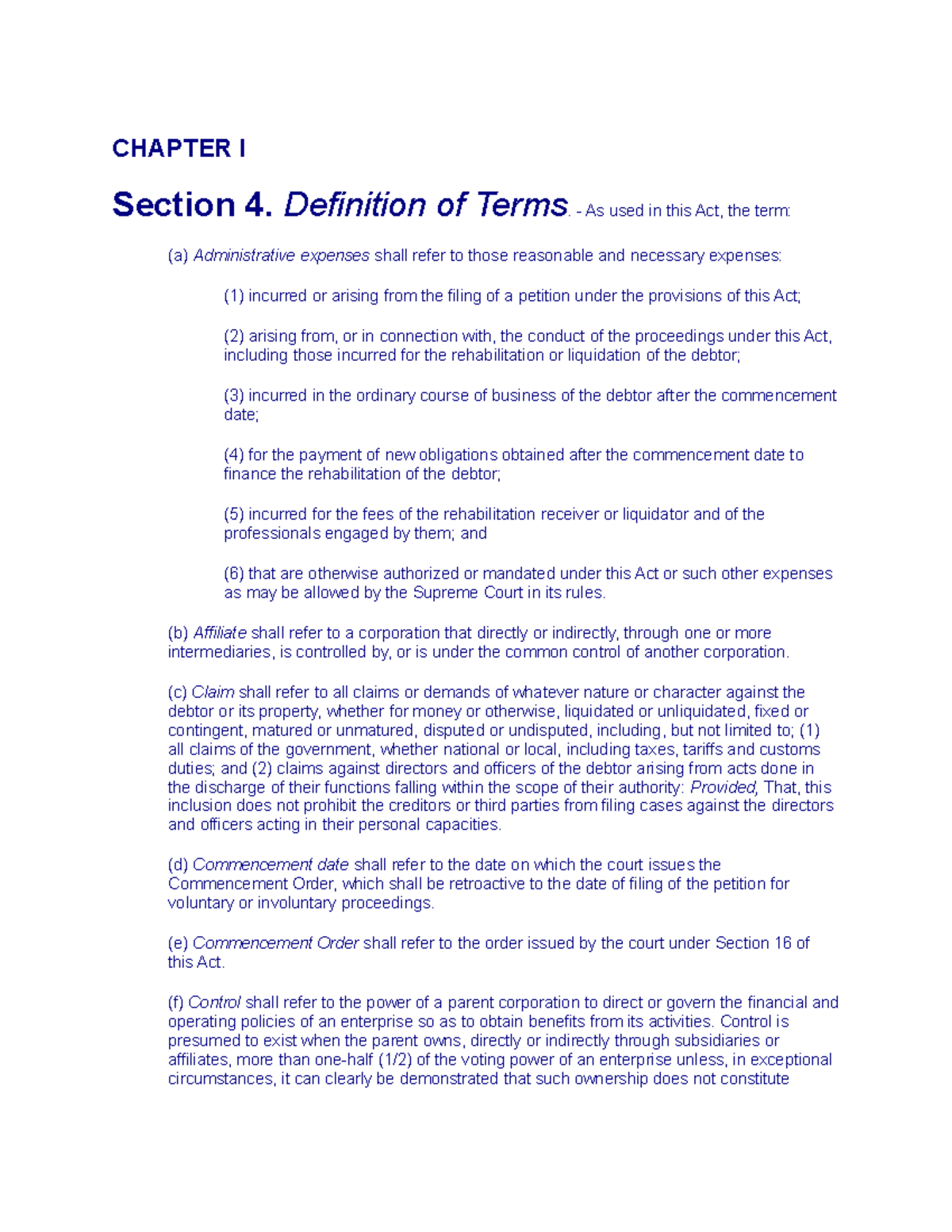 FRIA (10142) - Summary Corporate Law - CHAPTER I Section 4. Definition of Terms. - As used in ...