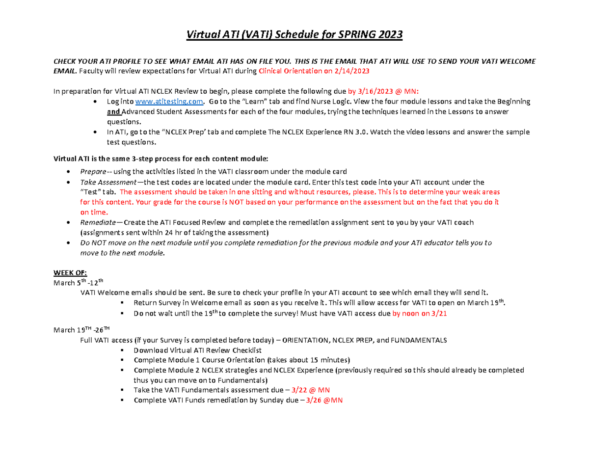 Virtual ATI (VATI) assignments and schedule for Spring 2023 - 1-3-22 ...