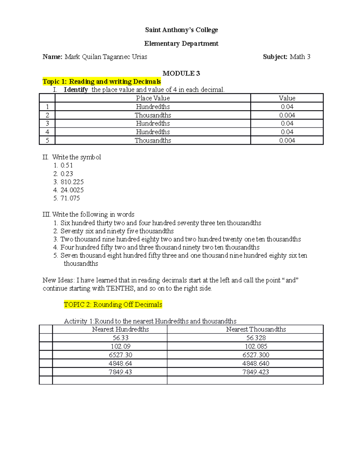 Math-M3 - my old homework - Saint Anthony’s College Elementary ...