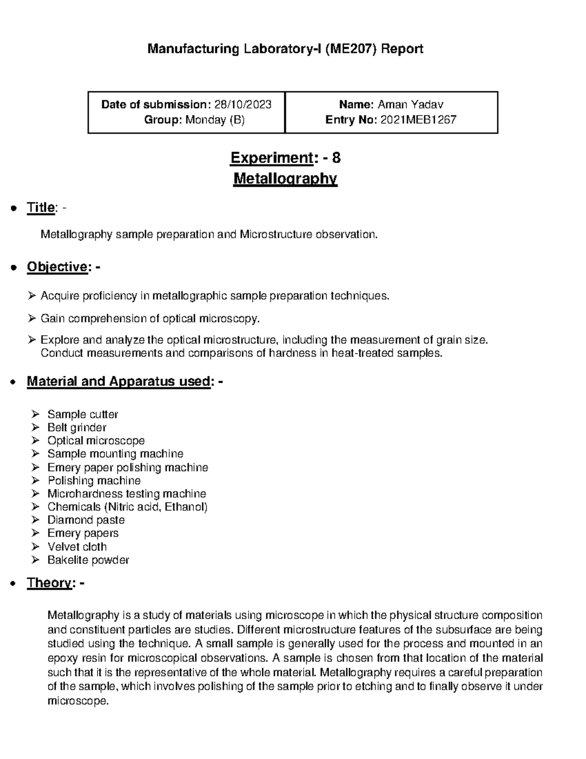 2021MEB1267 Metallography - Manufacturing Laboratory-I (ME207) Report ...