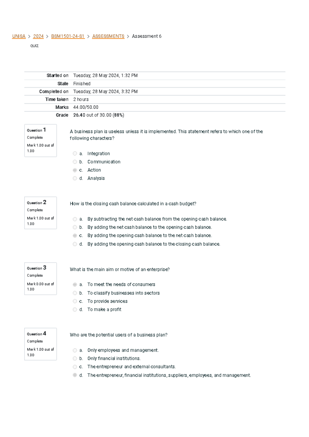 Assessment 6 Attempt review - UNISA 2024 BSM1501-24-S1 ASSESSMENTS Assessment 6 Question 1 - Studocu