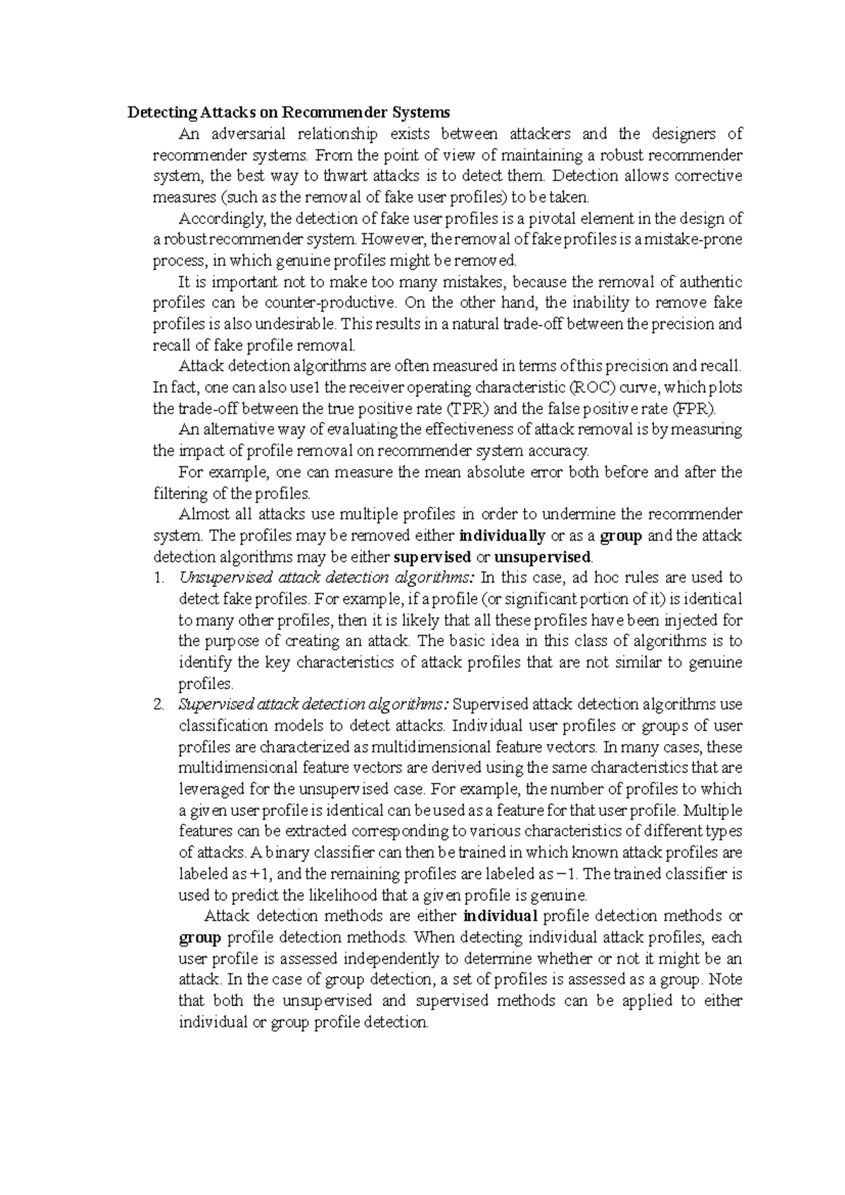 Individual attack profile detection - Detecting Attacks on Recommender Systems An adversarial ...