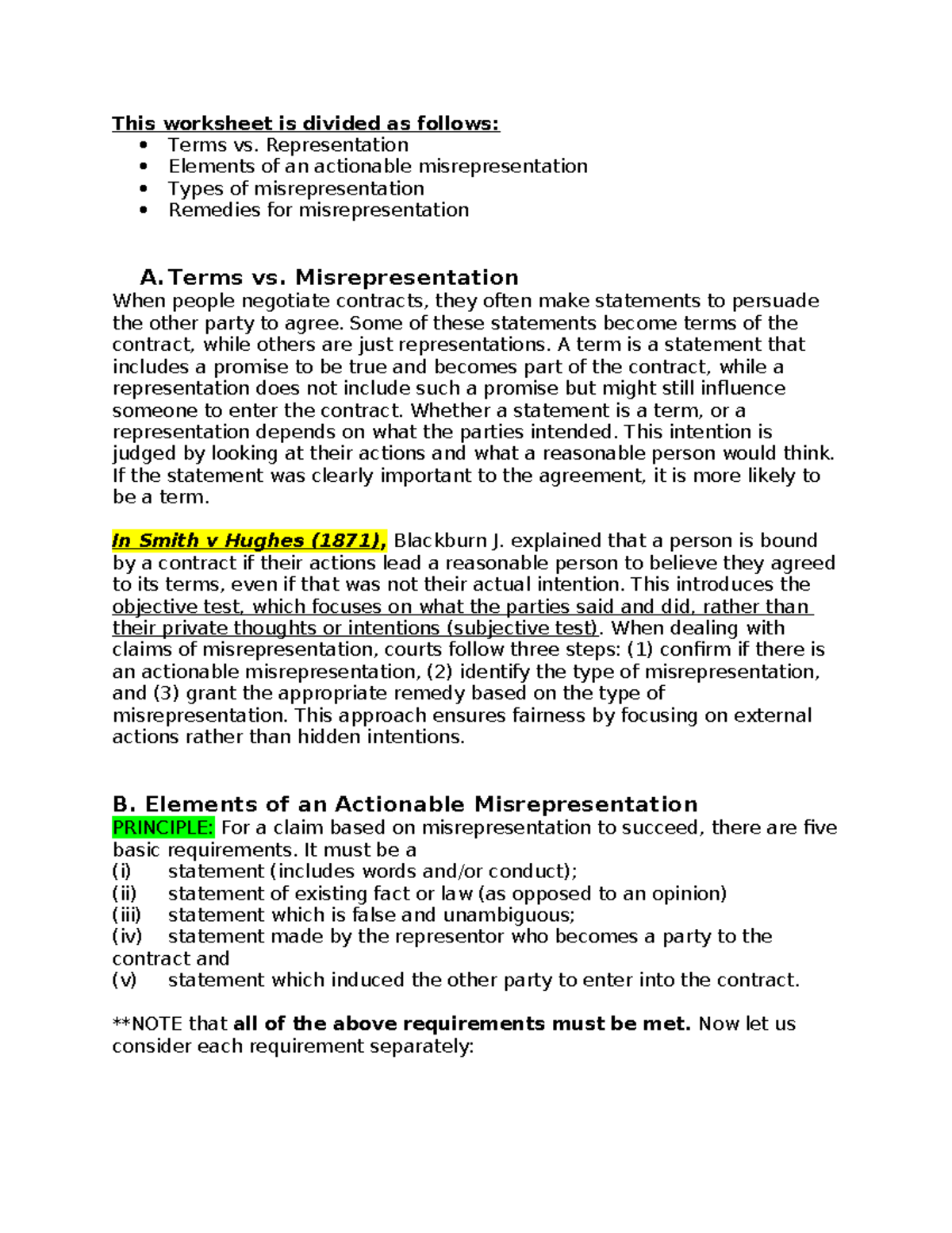 Misrep Worksheet summary - This worksheet is divided as follows: Terms ...