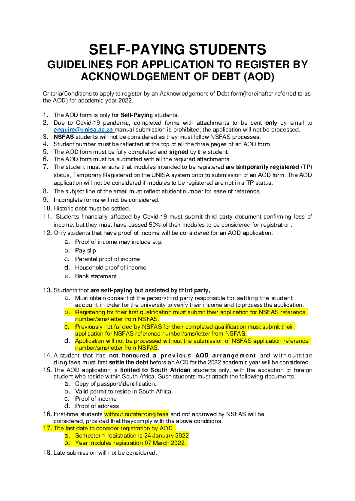 2022 Semester one and Year Modules Acknowledgement of Debt and ...