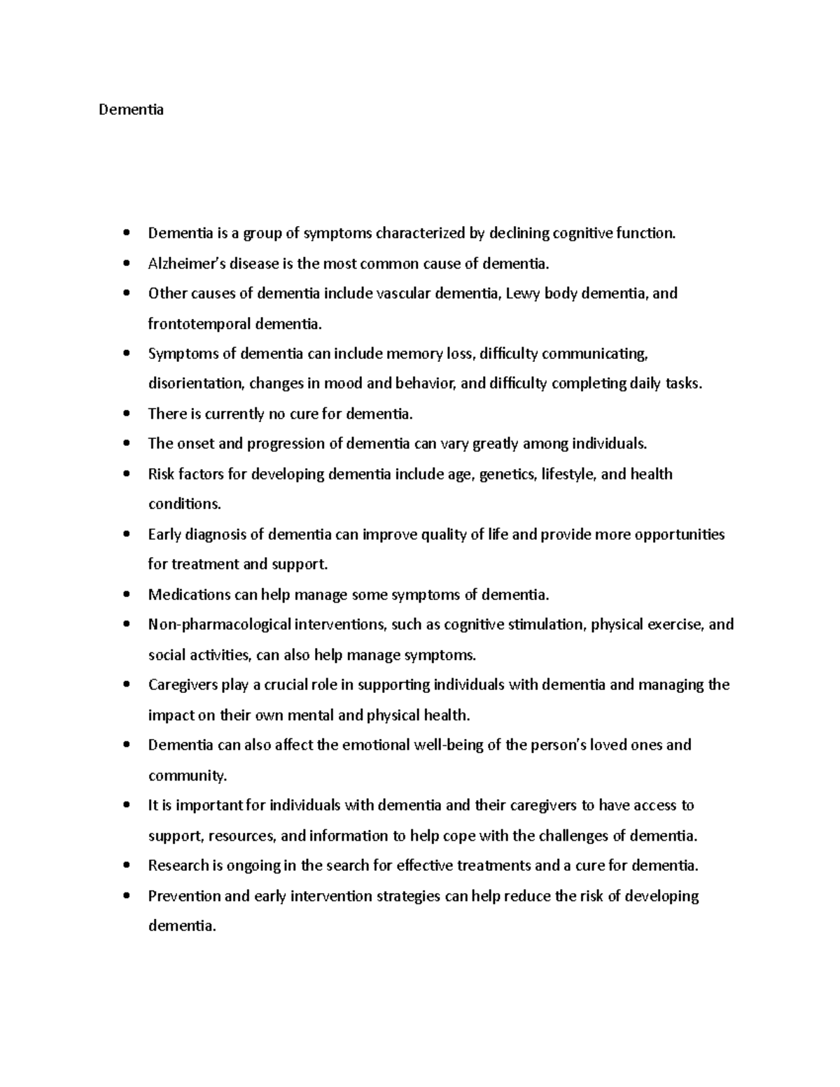 Dementia illness notes - Dementia Dementia is a group of symptoms ...