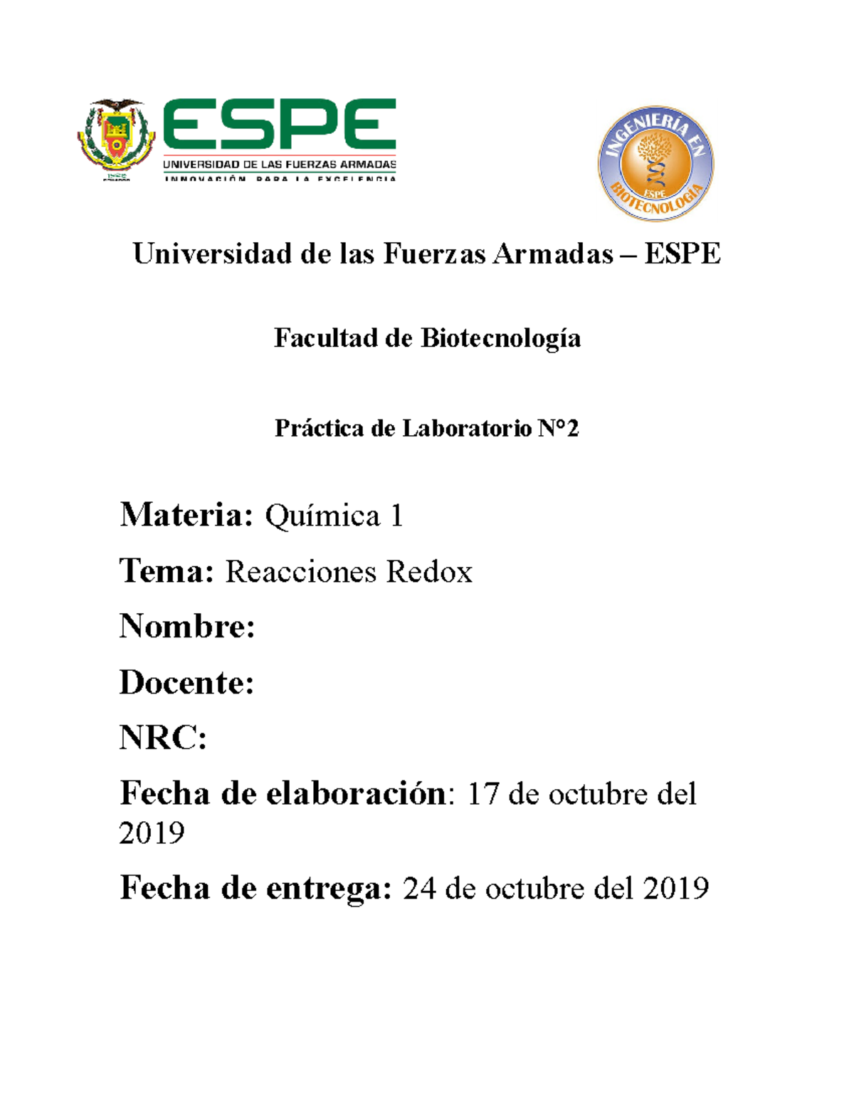 Informe Quimica 2 Universidad De Las Fuerzas Armadas Espe
