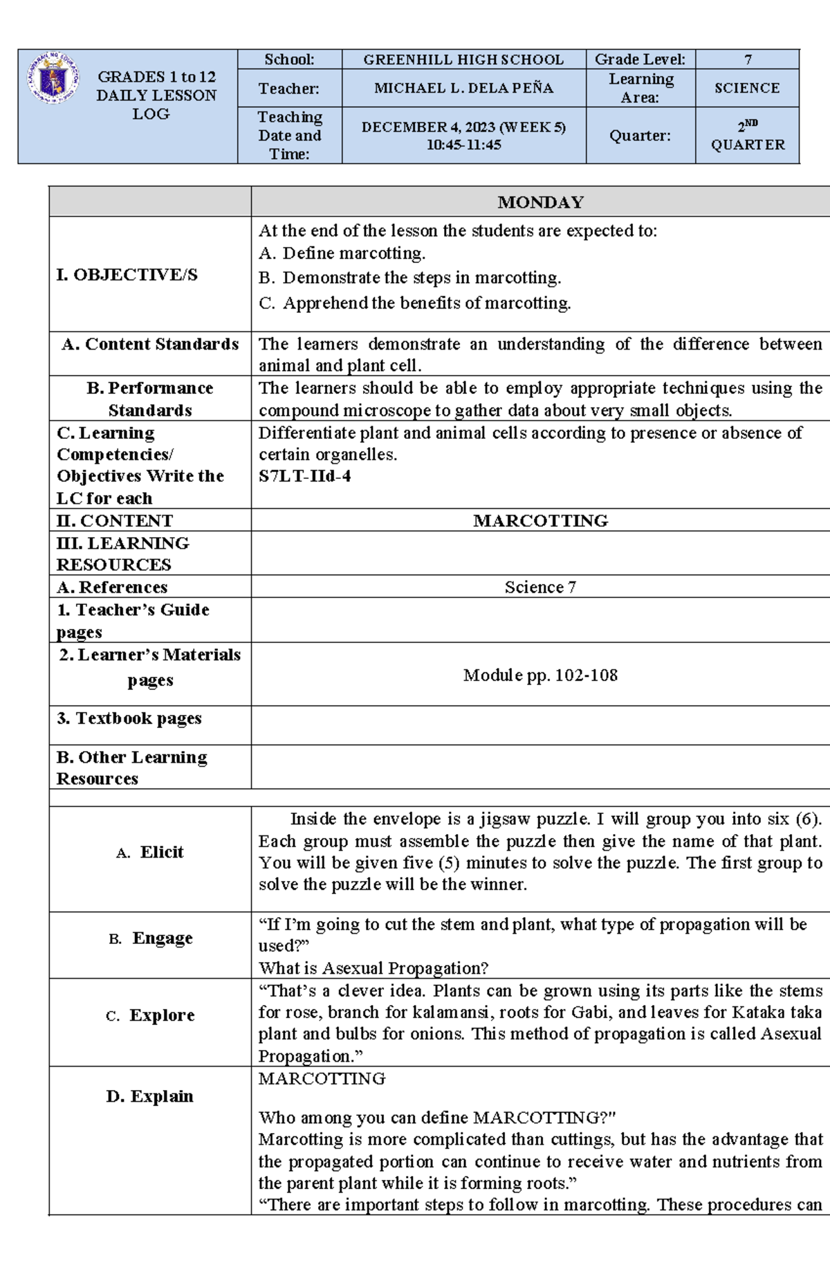 W5d1 - SCIENCE - GRADES 1 to 12 DAILY LESSON LOG School: GREENHILL HIGH ...